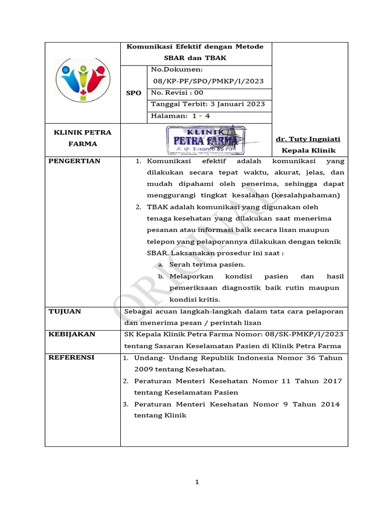 B SPO Komunikasi Efektif Dengan Metode SBAR Dan TBAK | PDF
