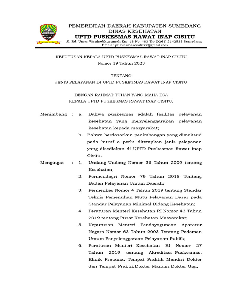 1.1.1.2 SK - Jenis-Jenis Pelayanan Di Puskesmas Cisitu 2023 | PDF