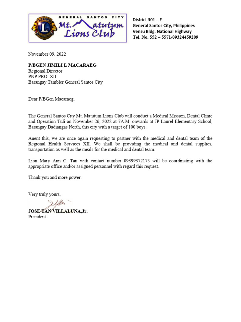 Lions Letter Request Re Medical Mission | PDF