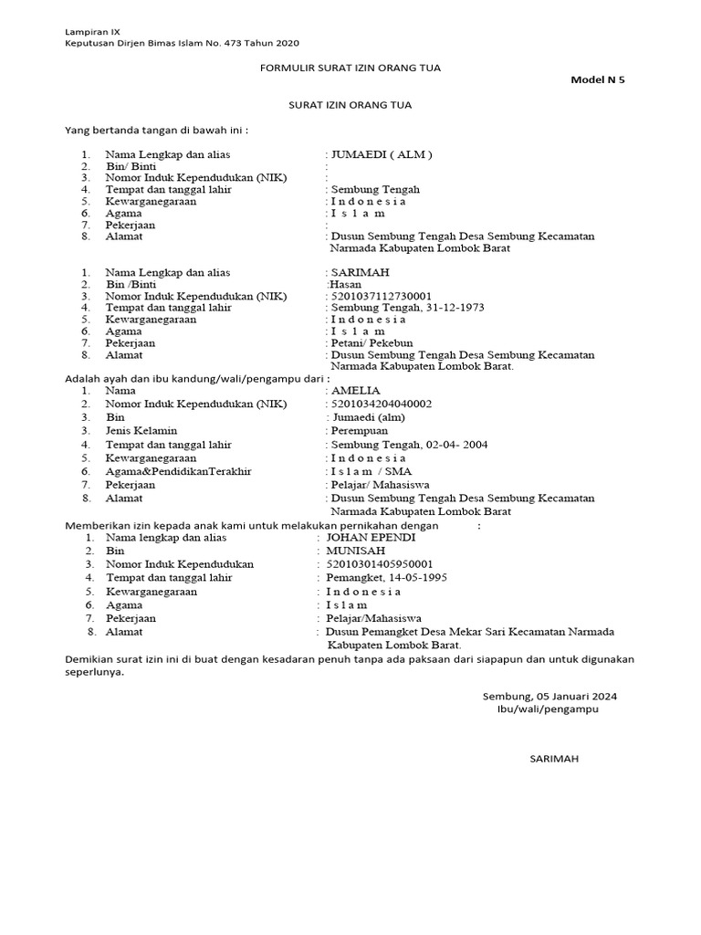 Surat Izin Orang Tua Model N5 dan N4 | PDF