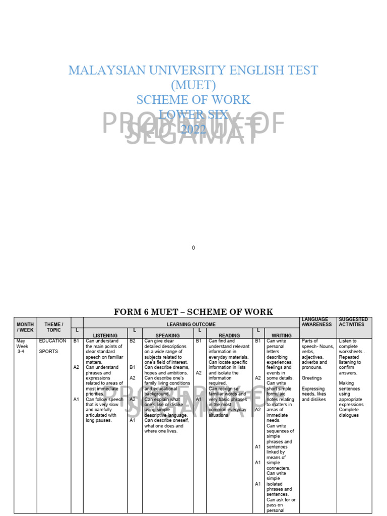 Muet (Cefr) Scheme of Work Lower 6 JKD Muet 2021 | PDF | Information | Verb