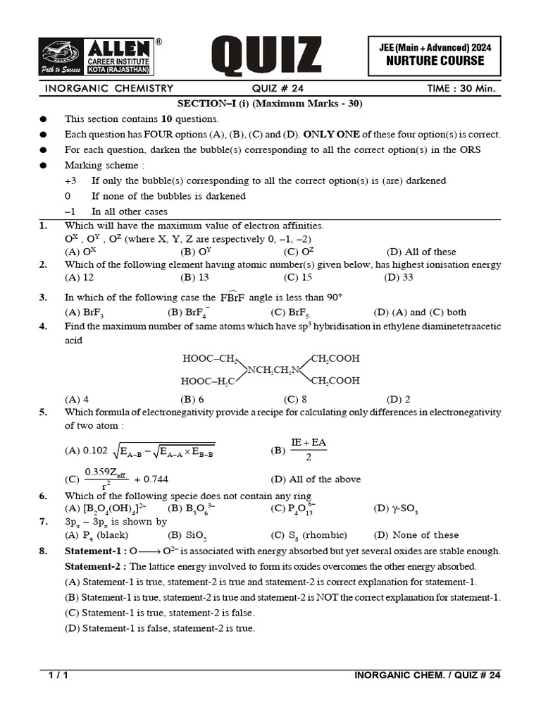 Quiz 24 Student Copy | PDF | Ion | Atoms