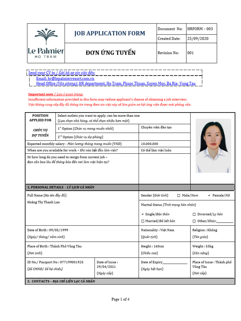 Prm Hrform 003 Job Application Form дђжўn б ёng Tuyб ѓn Pdf