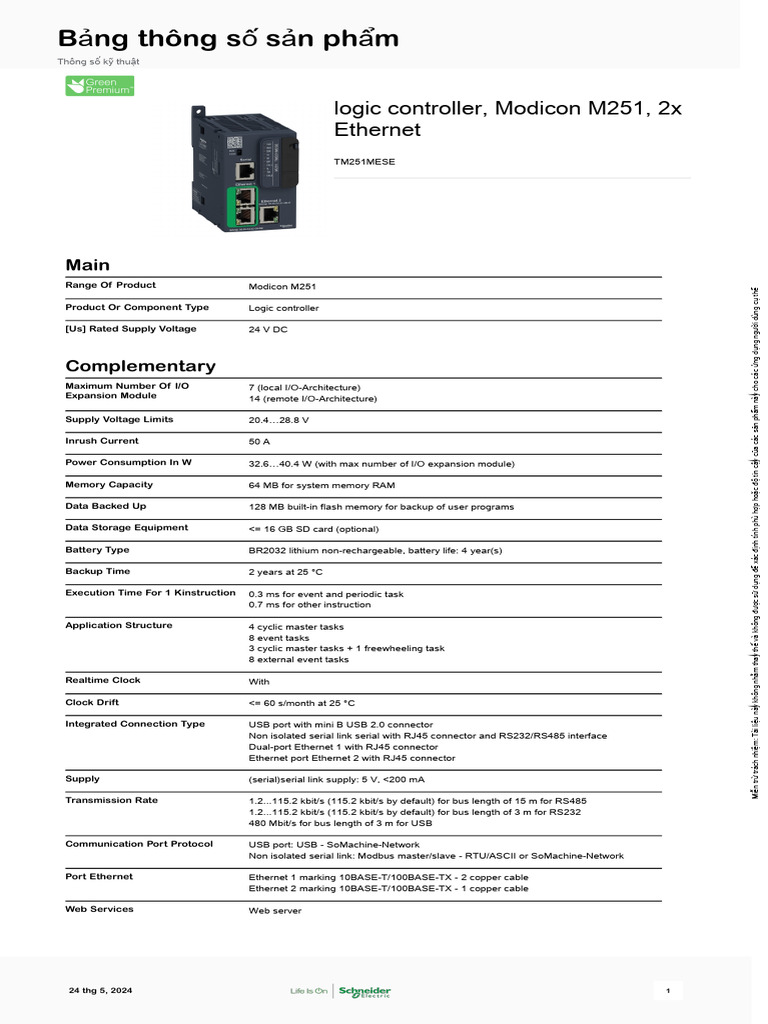 Schneider Electric Logic Controller Modicon M251 TM251MESE | PDF | Manufactured Goods | Computer ...