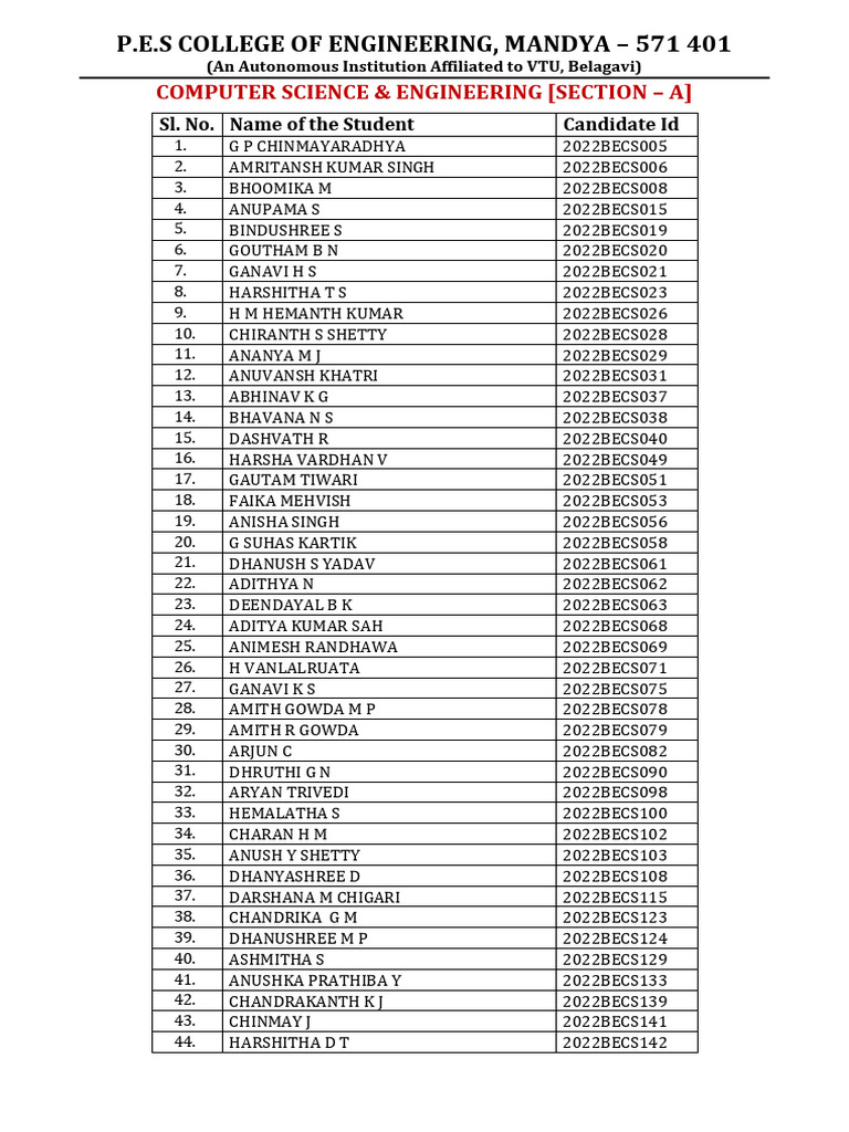 BE - I Semester Tentative Section List V3 | PDF