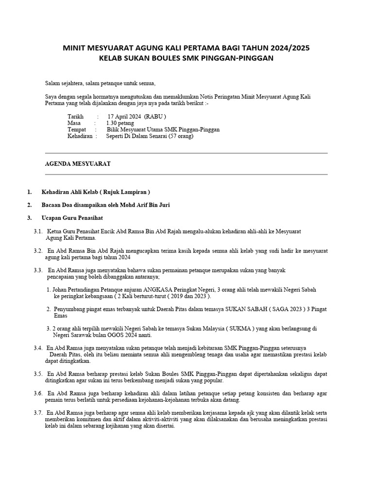 Minit Mesyuarat Agung Kali Pertama Bagi Tahun 2024/25 | PDF