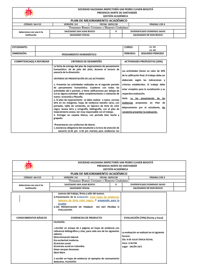 Ga f13+Plan+de+Mejoramiento+Acad%c3%89mico+11++2p+ 2024 p.h | PDF