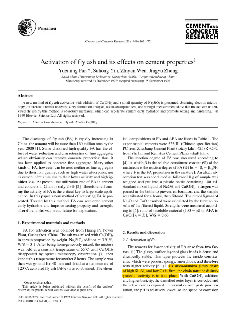 Fan Et Al. - 1999 - Activation of Fly Ash and Its Effects On Cement ...
