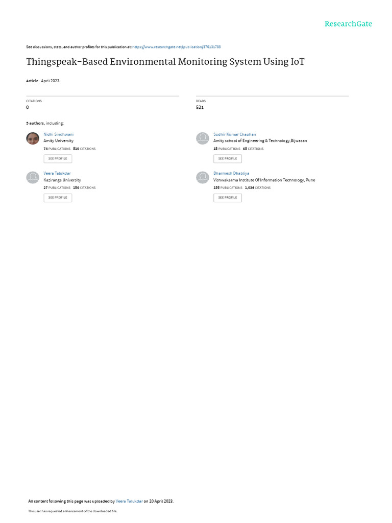 Thingspeak-Based Environmental Monitoring System Using IoT | PDF | Internet Of Things | Wireless ...