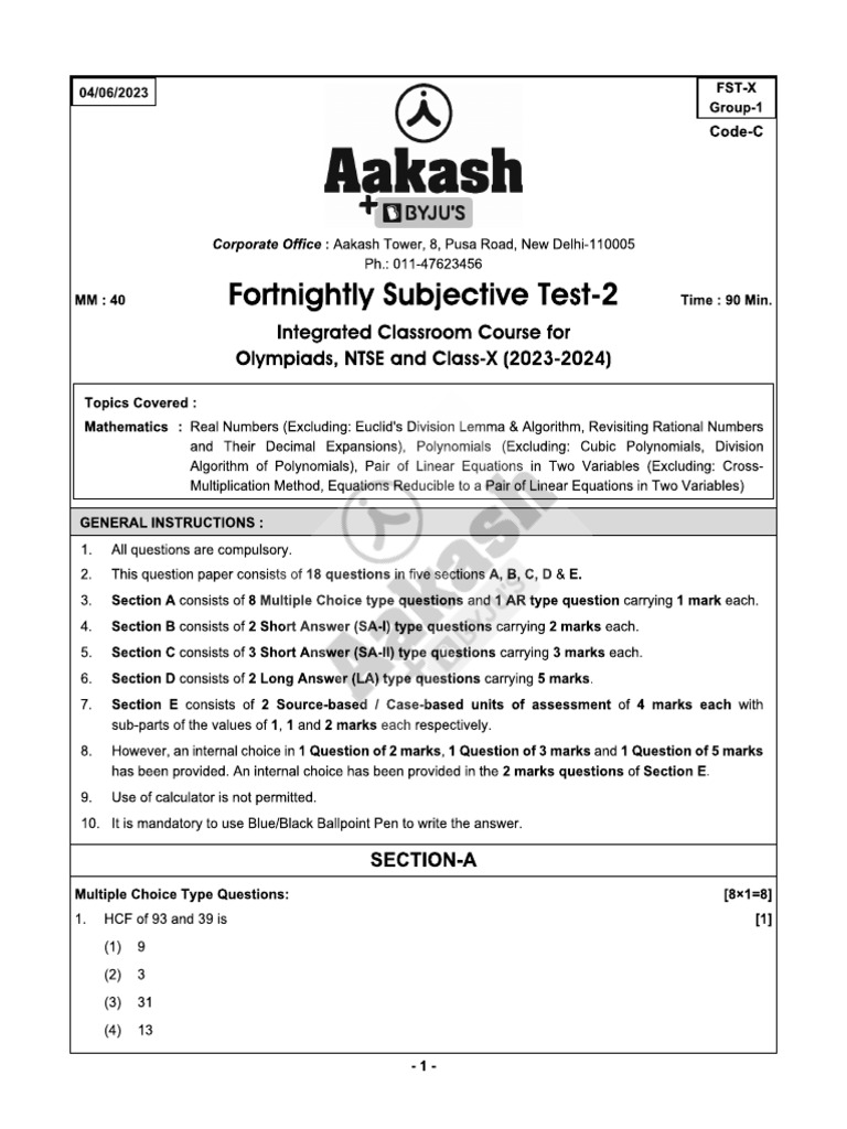 Aakash FST sample paper 2 | PDF