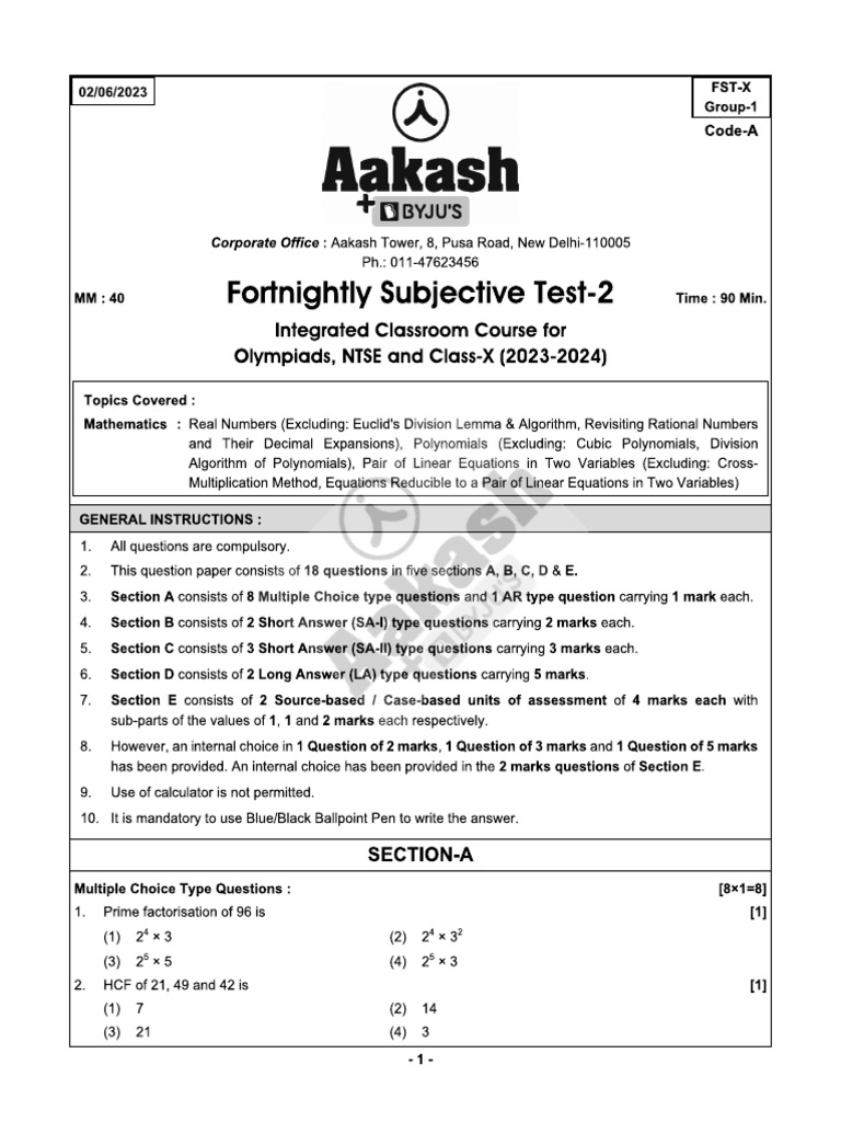Aakash FST sample paper | PDF