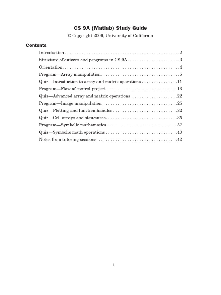 CS 9A (Matlab) Study Guide | PDF | Matrix (Mathematics) | Subroutine