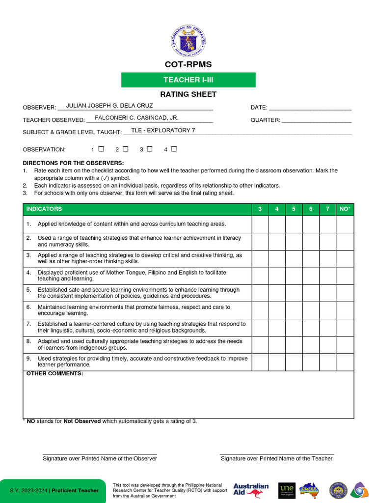 (Appendix C-08) COT-RPMS Rating Sheet For T I-III For SY 2023-2024 ...