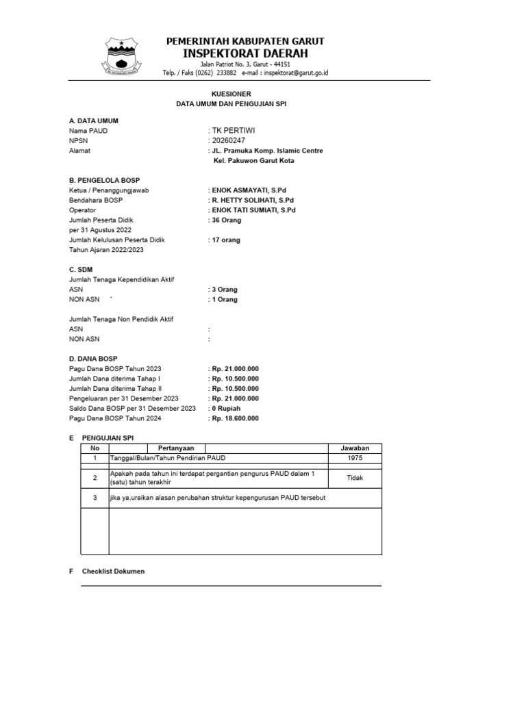Kuesioner Evaluasi BOSP PAUD TK Pertiwi | PDF