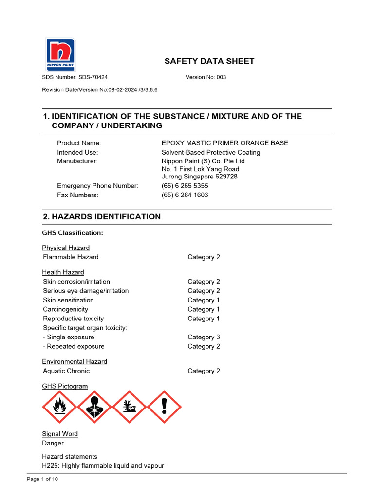 Epoxy Mastic Primer Orange Base SDS - 08.02.2024 1 | PDF | Dangerous ...