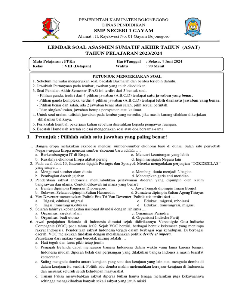 SOAL ASAT PPKN KELAS 8 24 | PDF