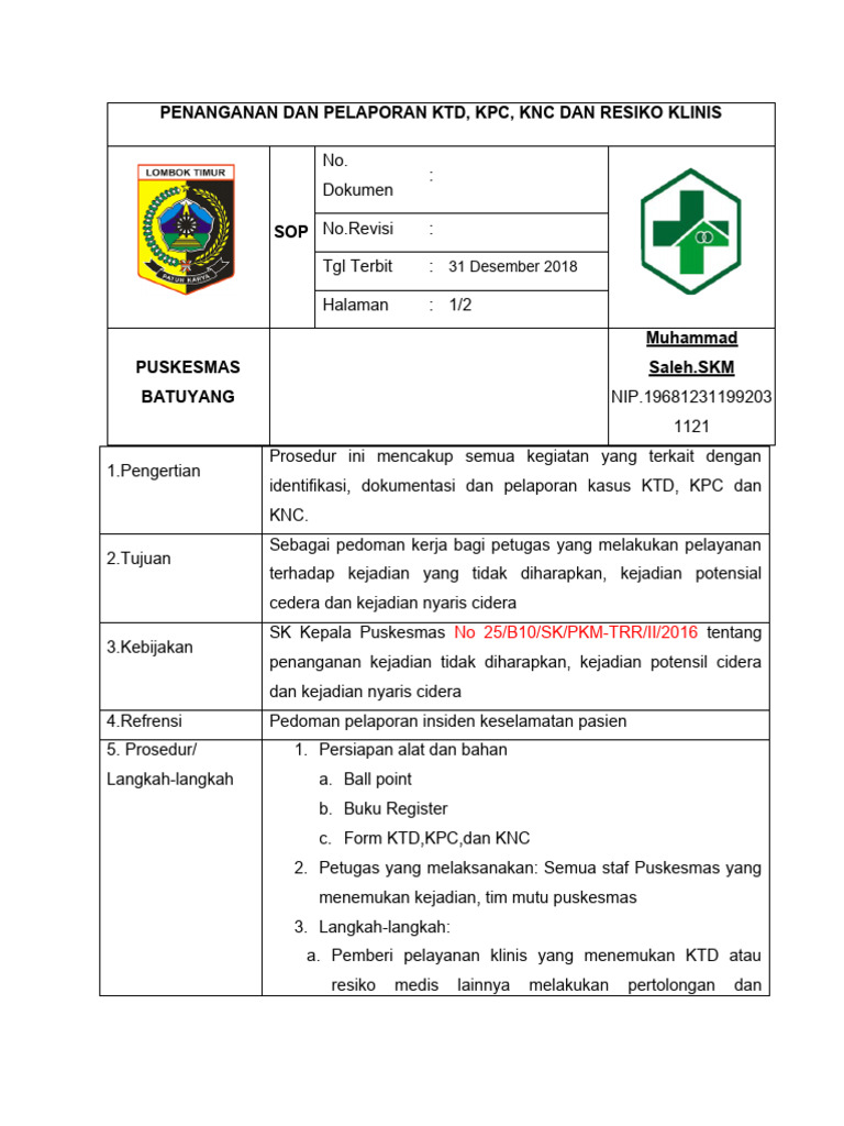 9.1.1.6 Sop Penanganan Dan Pelaporan KTD | PDF