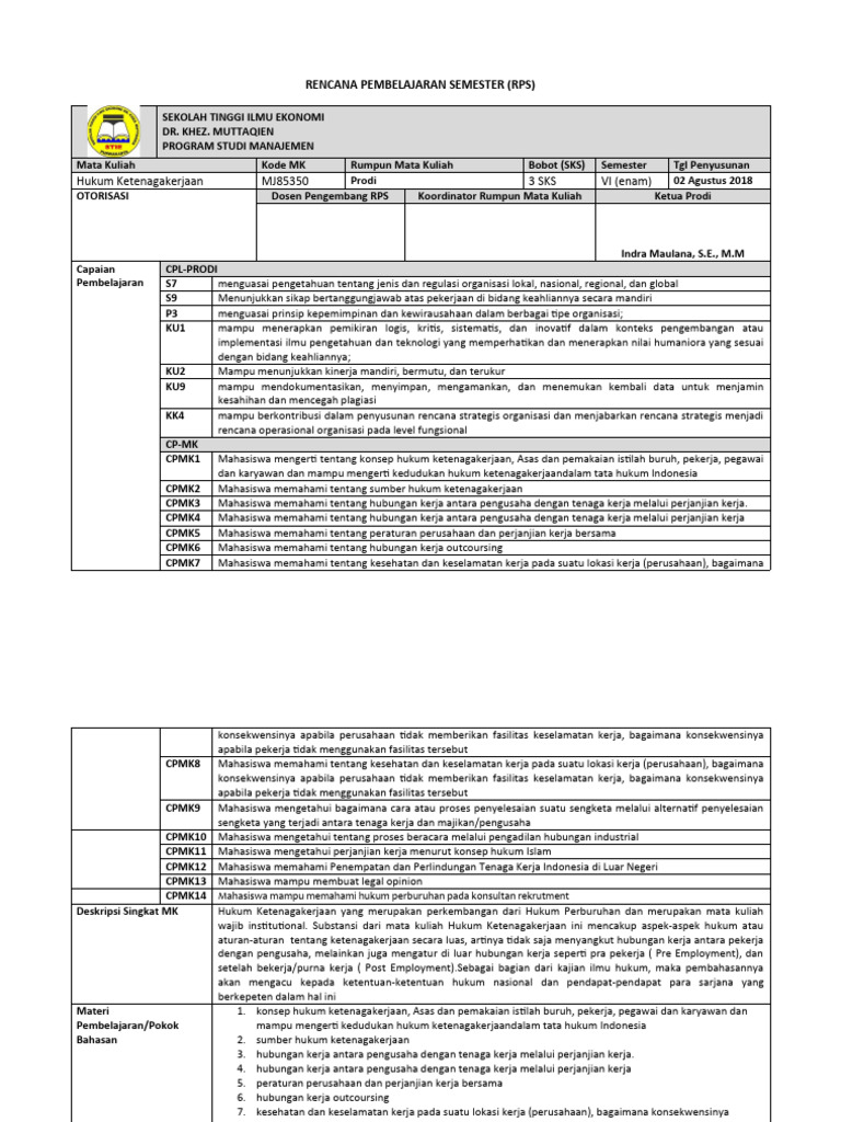 RPS Hukum Ketenagakerjaan | PDF