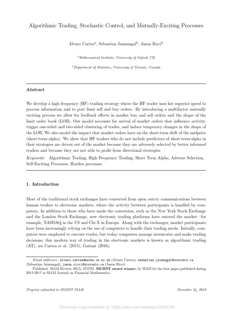 Algorithmic Trading Stochastic Control And Mutually Exciting Processes Pdf High Frequency
