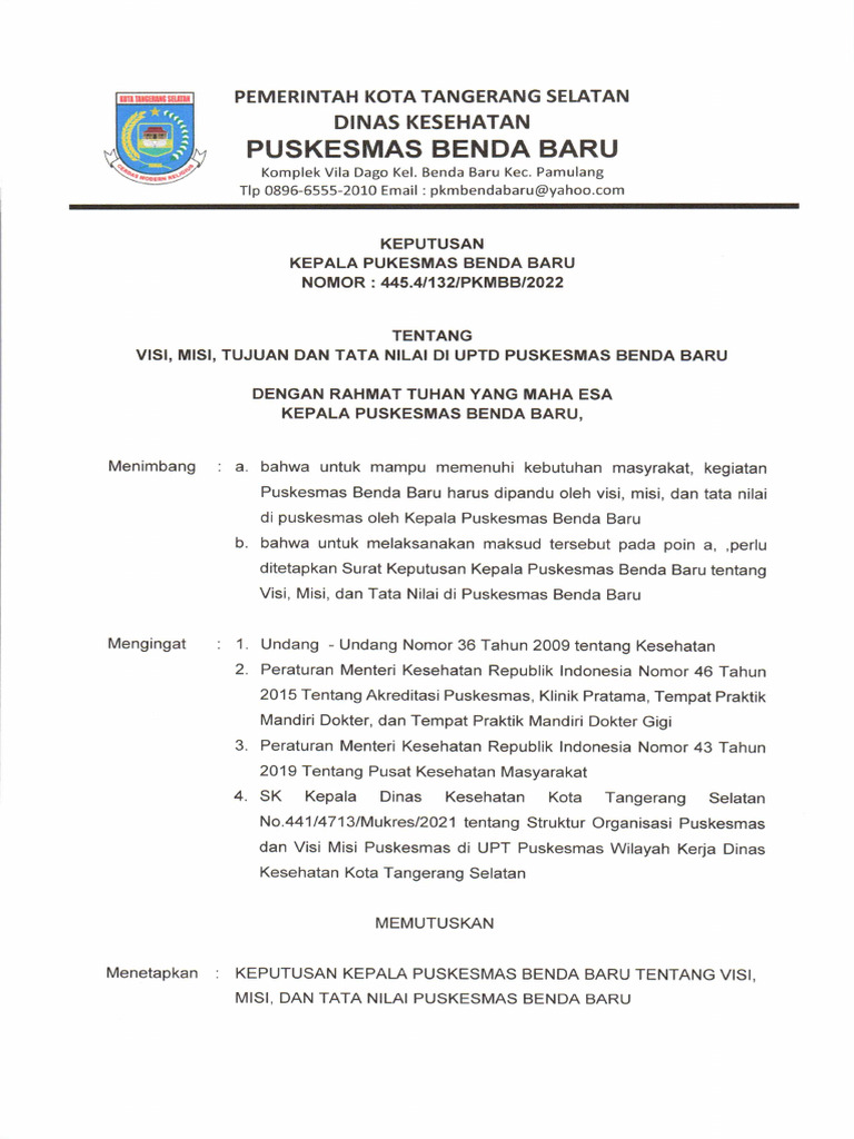 SK Visi, Misi, Tujuan - Tata Nilai 2022 | PDF