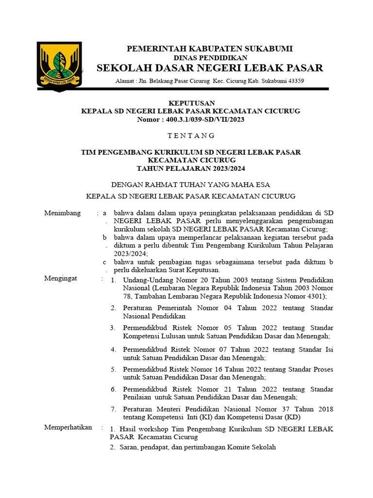 SK Tim Pengembang Kurikulum (Merdeka) | PDF SK Tim Pengembang Kurikulum (Merdeka) | PDF