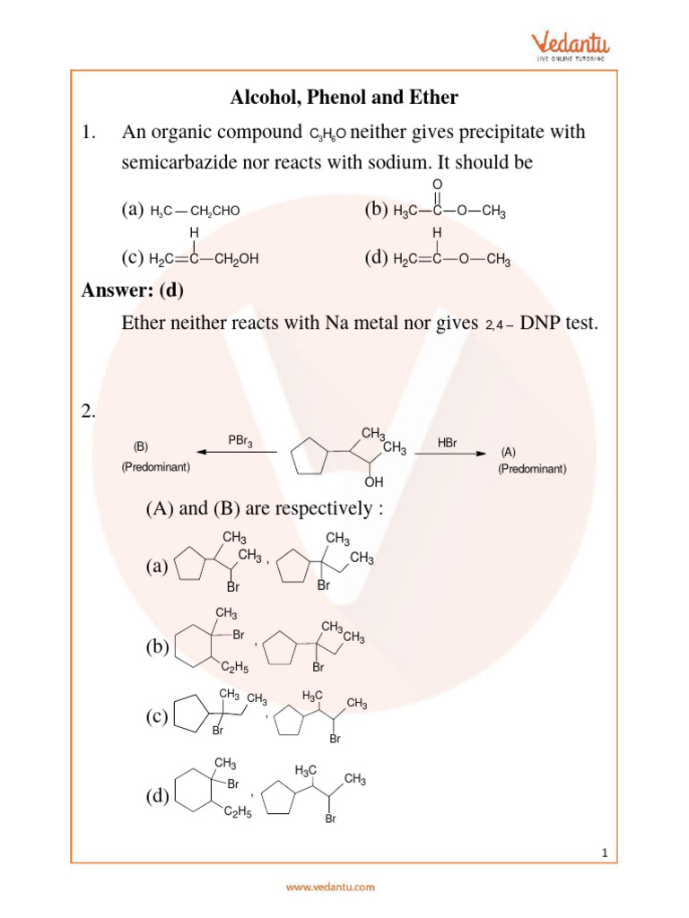NEET Alcohol Phenol and Ether Important Questions - Free PDF Download ...