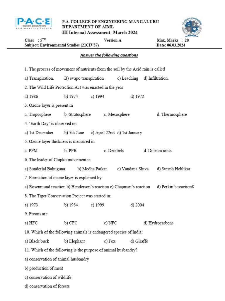 Evs Qp-Ia 3 A Final | PDF | Ozone | Nature