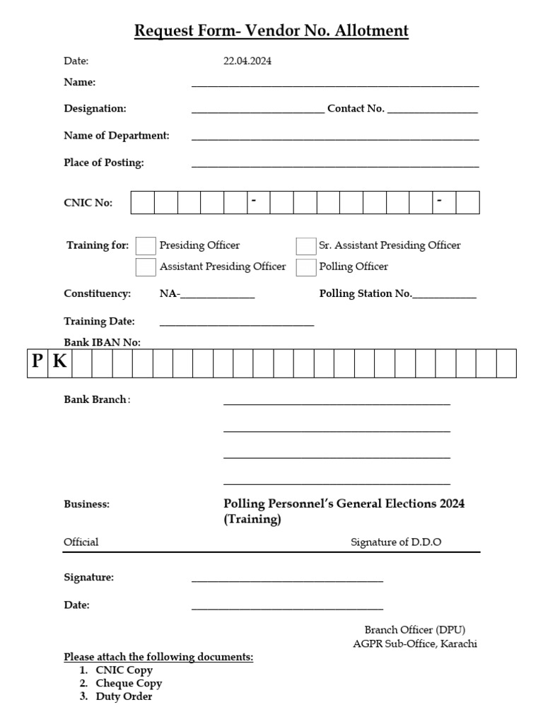 Vendor Form of Polling Personnels GE-2024 (Training) | PDF