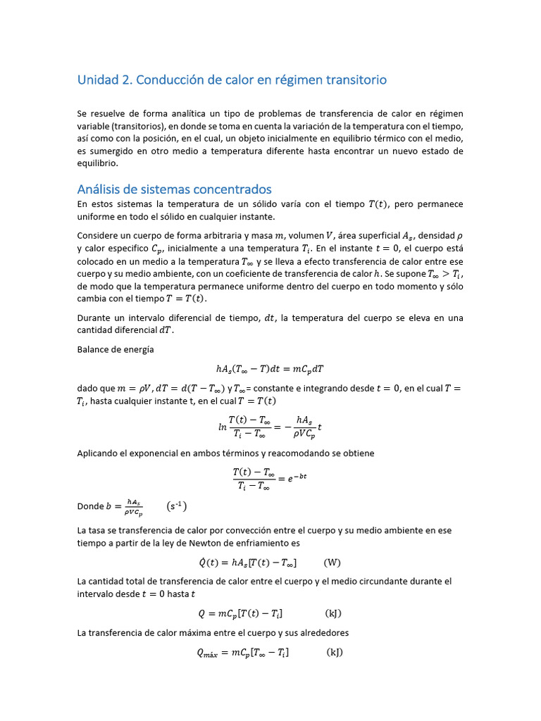 Unidad 2 Conducción Transitoria | PDF | Transferencia de calor | Conduccion termica