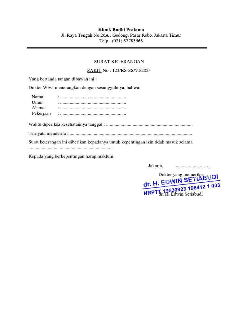 Surat Keterangan Sakit Klinik Budhi Pratama | PDF