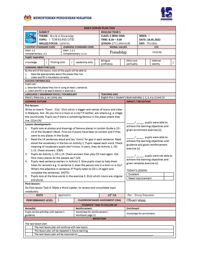 Bi Y5 TS25 Unit 1 (LP17-34) | PDF | Lesson Plan | English Language