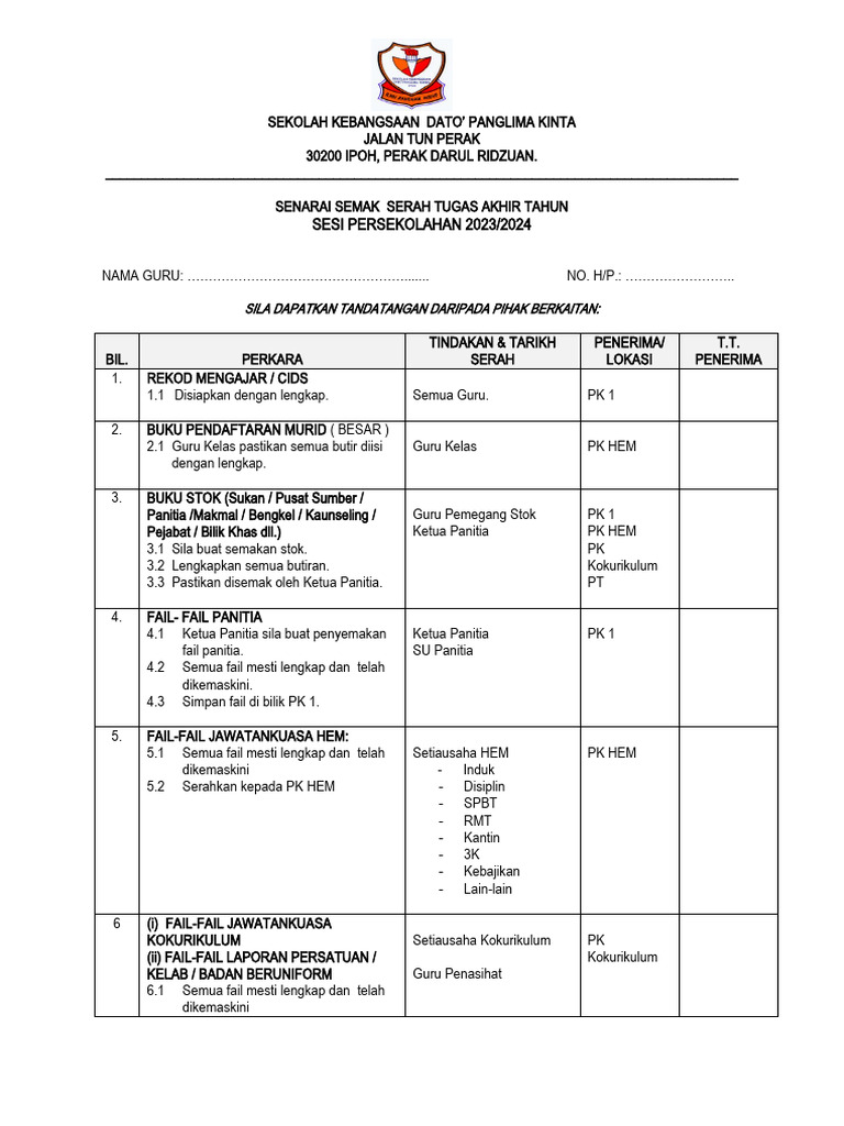 Borang Senarai Semak Serah Tugas Akhir Tahun | PDF