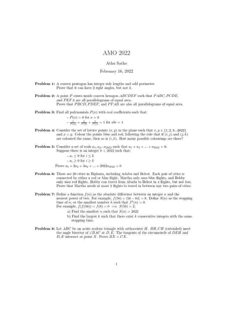 AMO 2022 Problem Set | PDF | Euclid | Euclidean Geometry