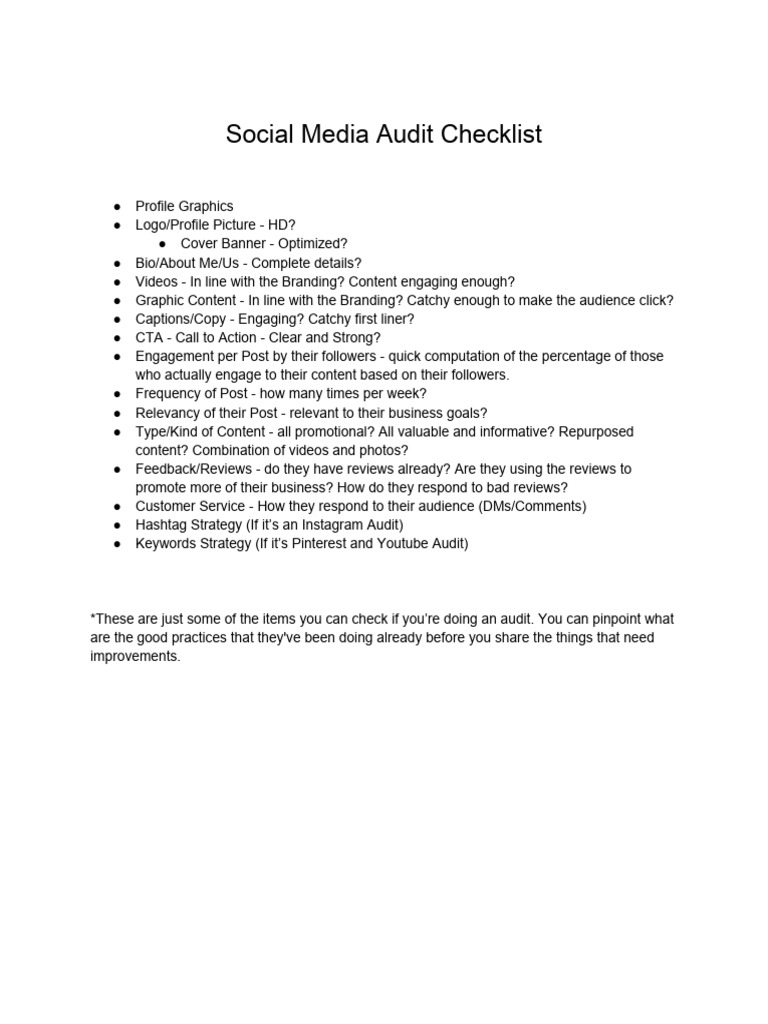 Social Media Audit Checklist | PDF | Social Media | Popular Culture ...
