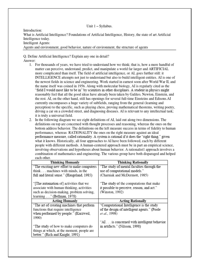 AI Unit 1 | PDF | Intelligence (AI) & Semantics | Artificial Intelligence