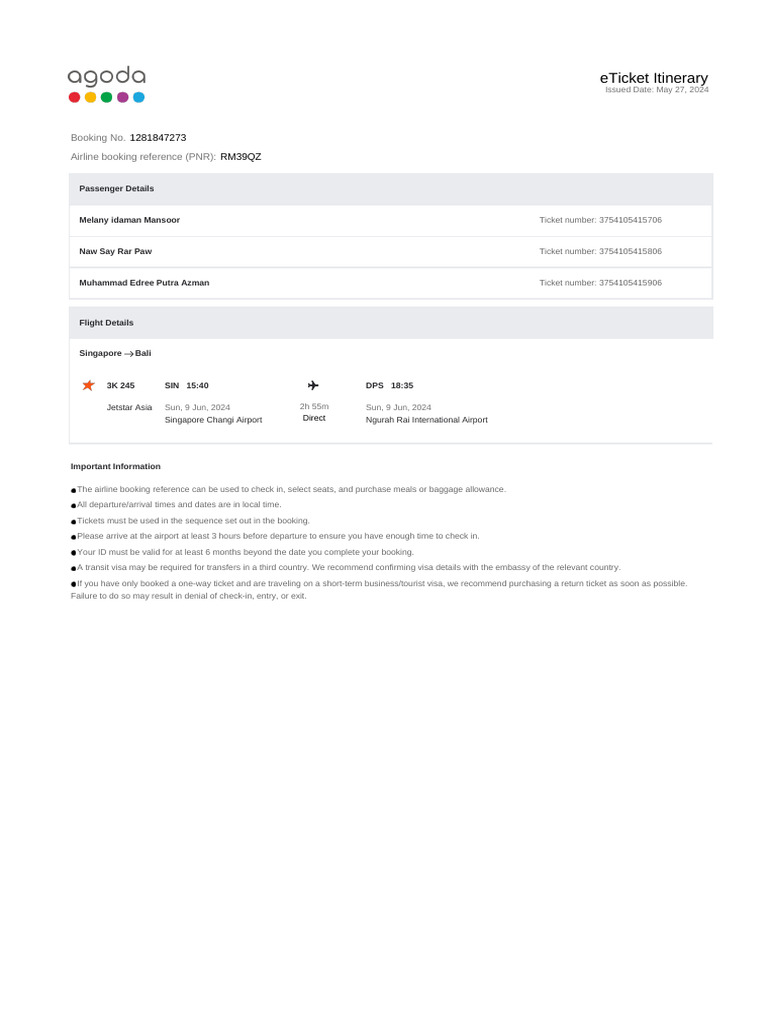 Agoda Booking ID 1281847273 Eticket | PDF