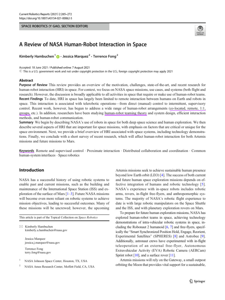 A Review of NASA Human-Robot Interaction in Space | PDF | Nasa ...