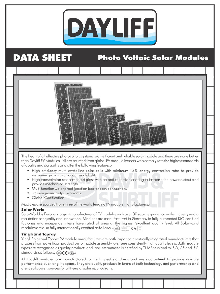 Photovoltaic Solar Modules Datasheet Davis&shirtliff Uganda | PDF ...