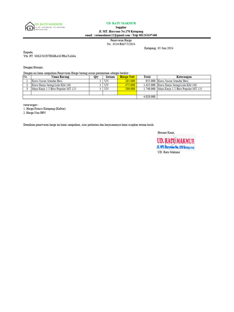 Penawaran Furniture PT - Sip - Ratu Makmur-1 | PDF