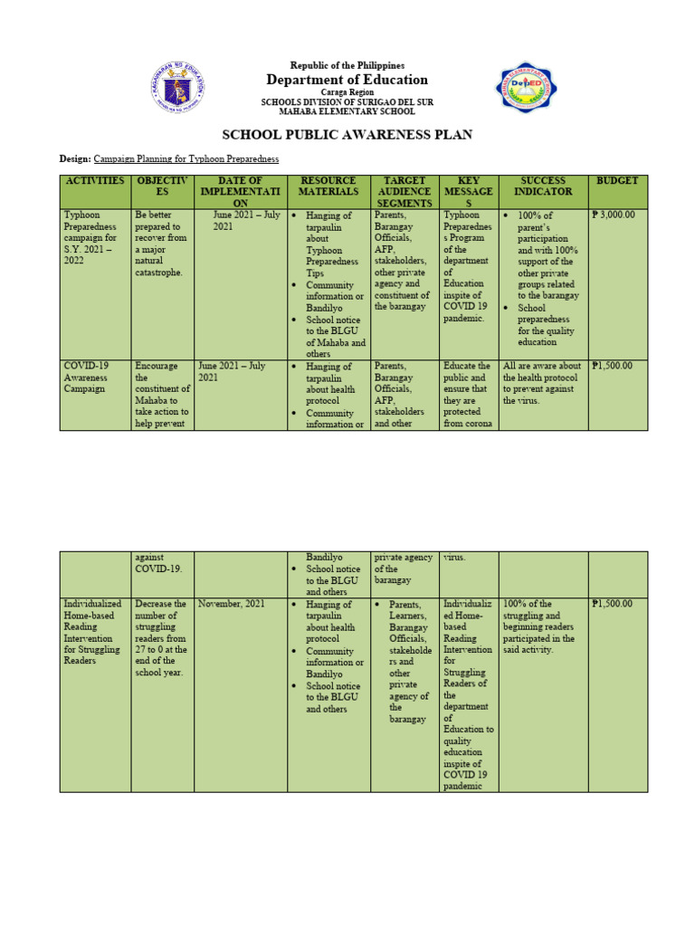 School Public Awareness Plan | PDF