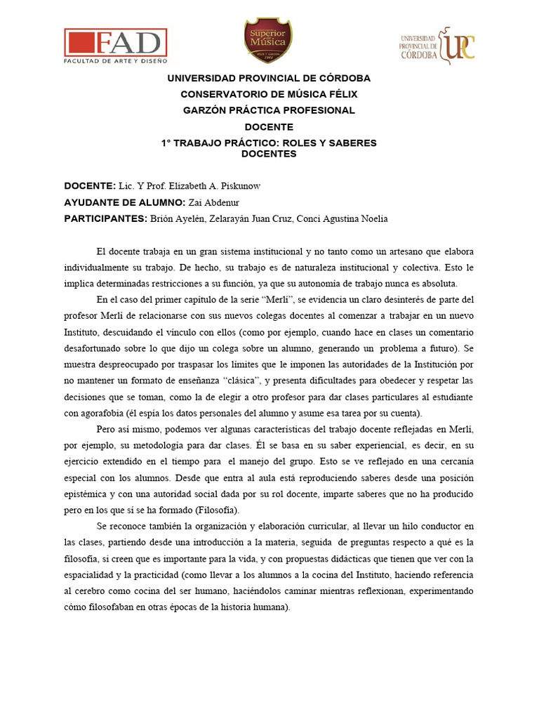 Word 1TP PRÁCTICA PROF. DOCENTE - ROLES Y SABERES DOCENTES | PDF ...