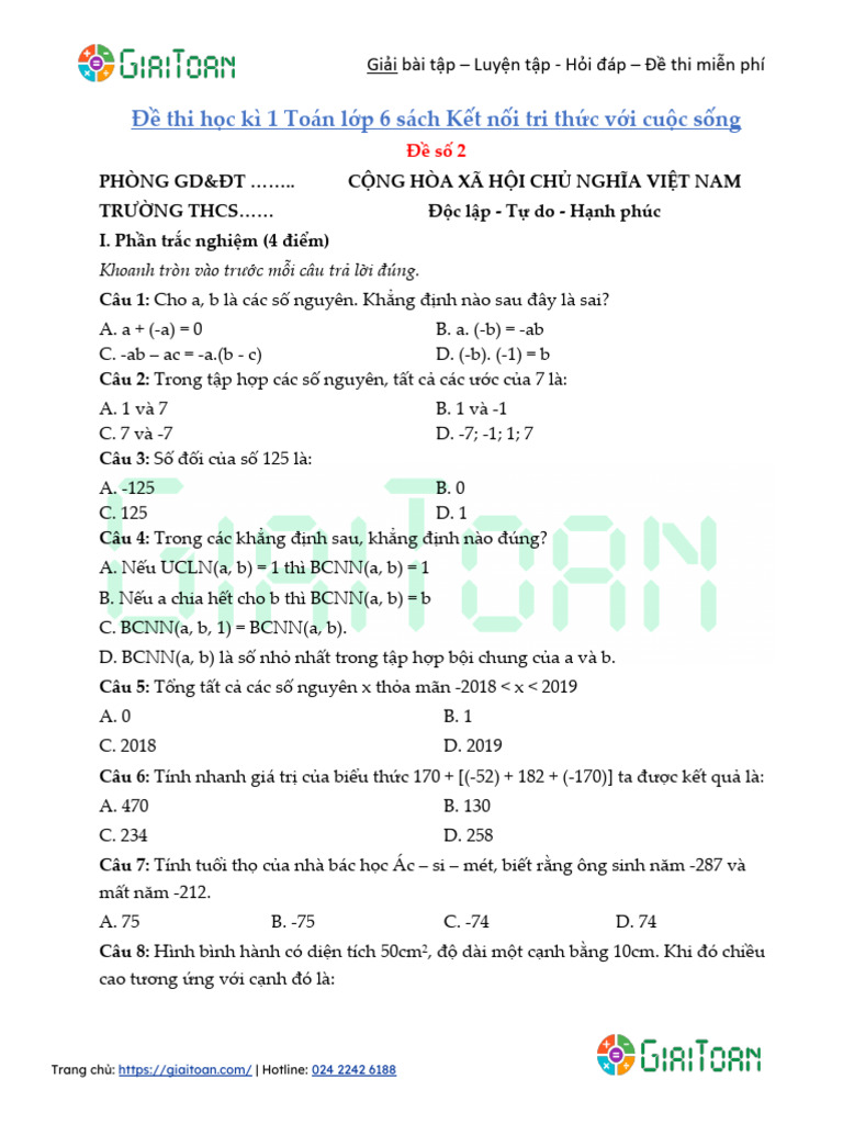 De Thi Hoc Ki 1 Toan Lop 6 Sach Ket Noi Tri Thuc Voi Cuoc Song de 2 | PDF