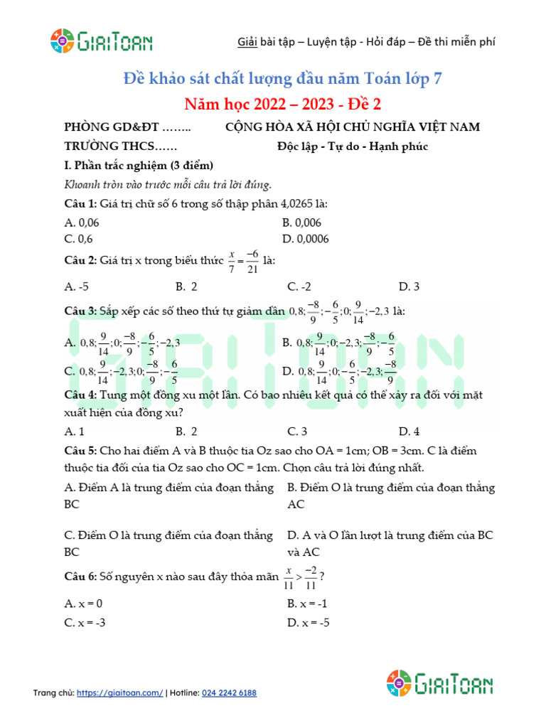 De Khao Sat Chat Luong Dau Nam Toan Lop 7 de 2 | PDF