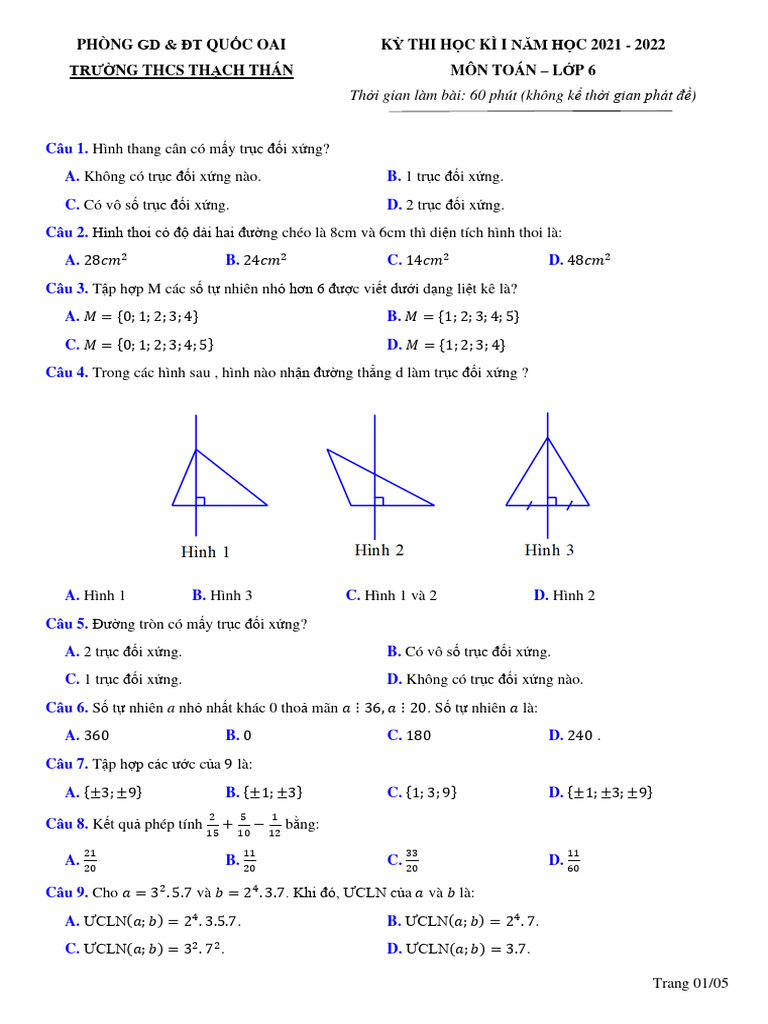 De Thi Hoc Ky 1 Toan 6 Nam 2021 2022 Truong Thcs Thach Than Ha Noi | PDF
