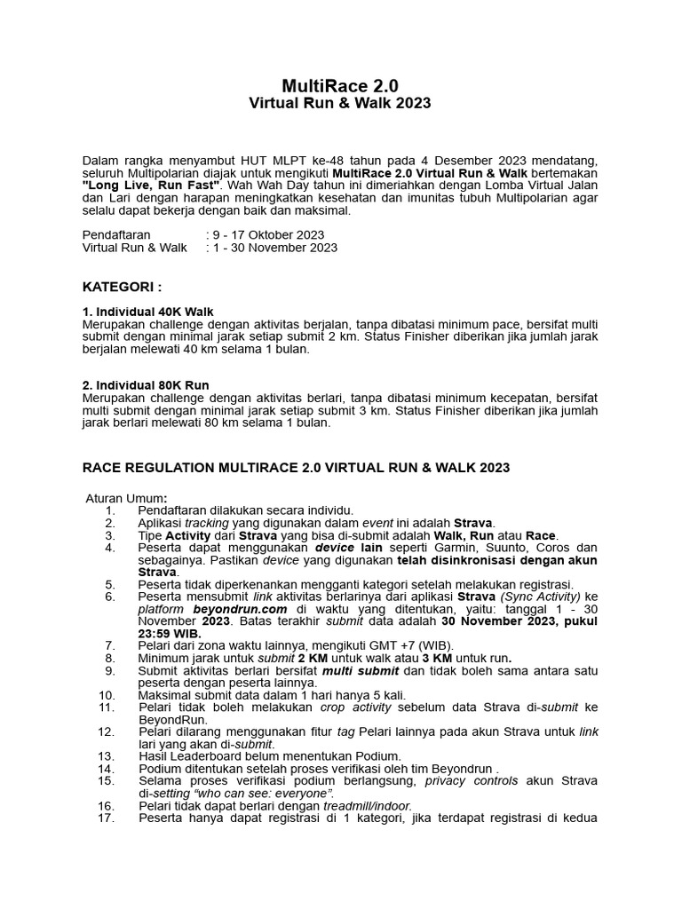 Race Guideline MultiRace 2.0 Virtual Run & Walk 2023 | PDF | Bisnis