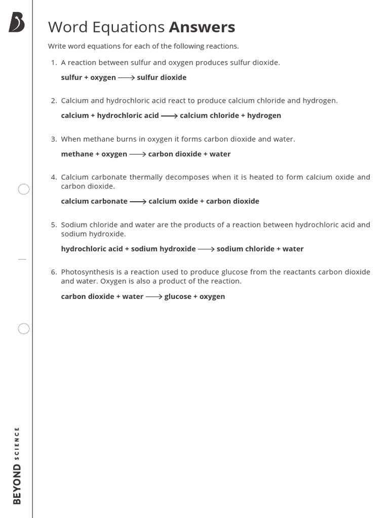 Word Equations Worksheet - Answers | PDF