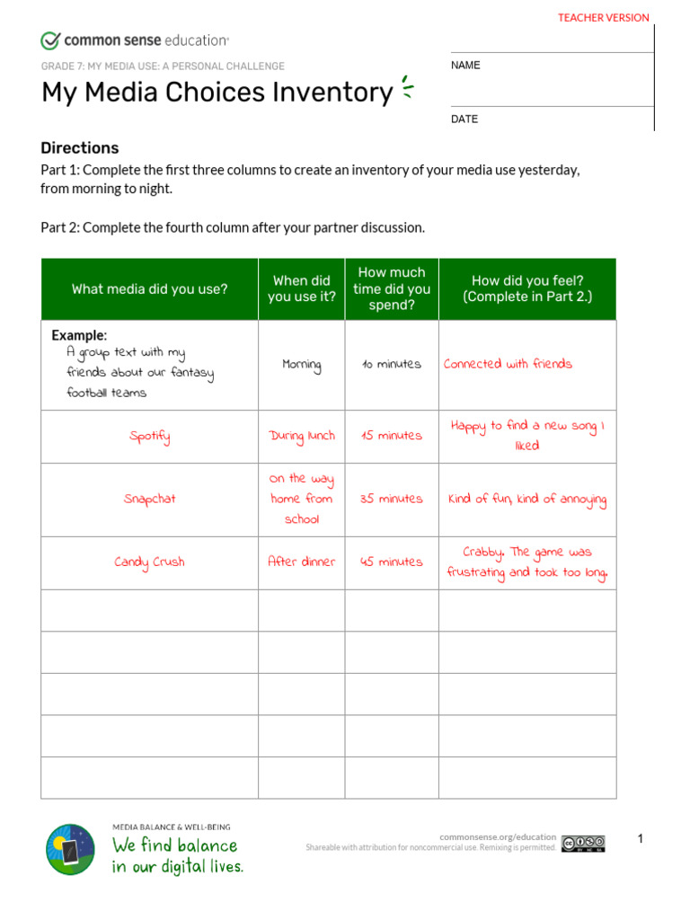 My Media Choices Inventory Student Handout (TEACHER VERSION) | PDF