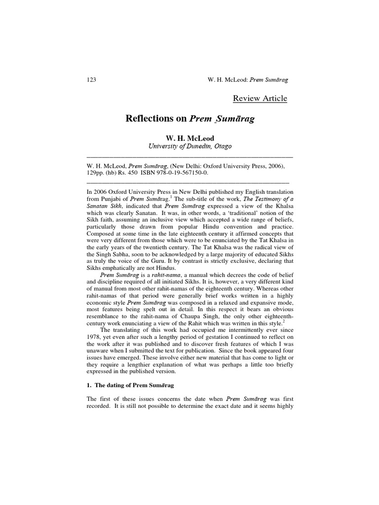 Reflections On Prem Sumārag - W.H McLeod | PDF | Nāstika | Punjab