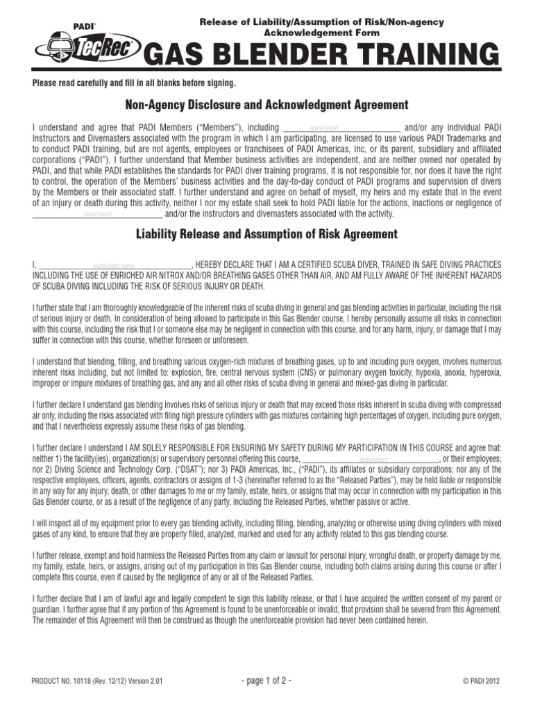 Release of Liability - Assumption of Risk - Non-Agency Acknowledgement ...