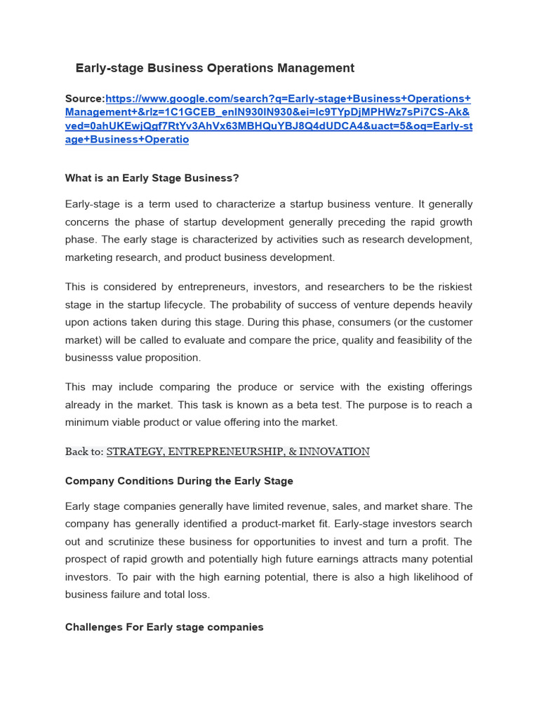 _ Early-stage Business Operations Management | PDF | Startup Company ...